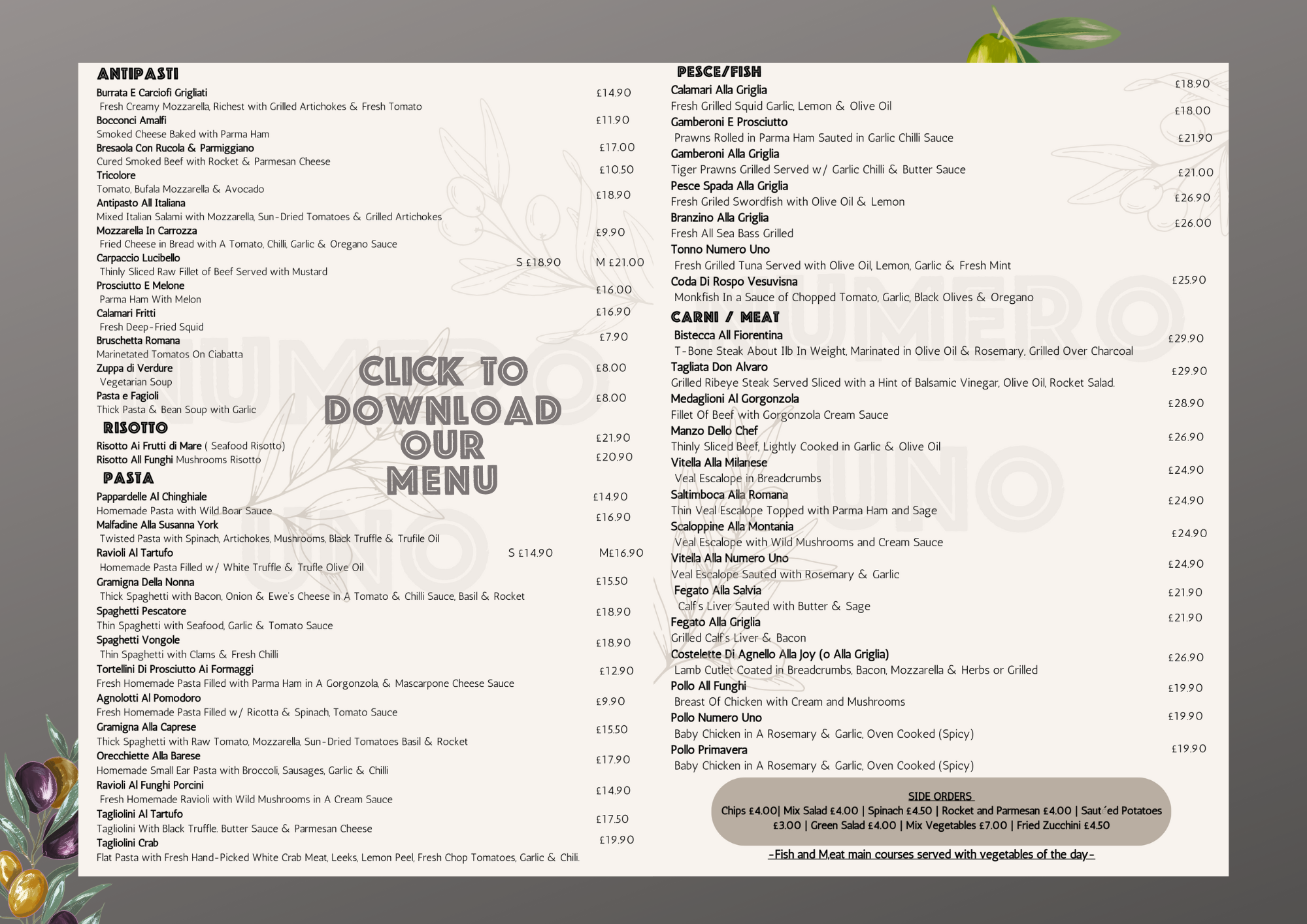 Our Menu Numero Uno Italian Restaurant